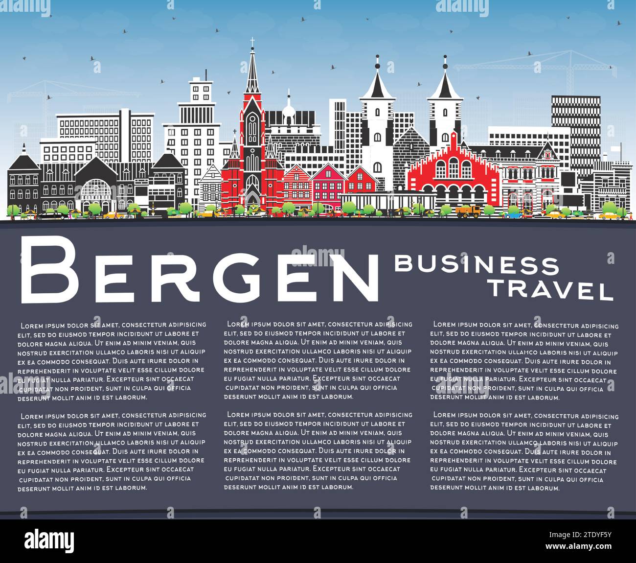 Bergen Norway city skyline with color buildings, blue sky and copy ...