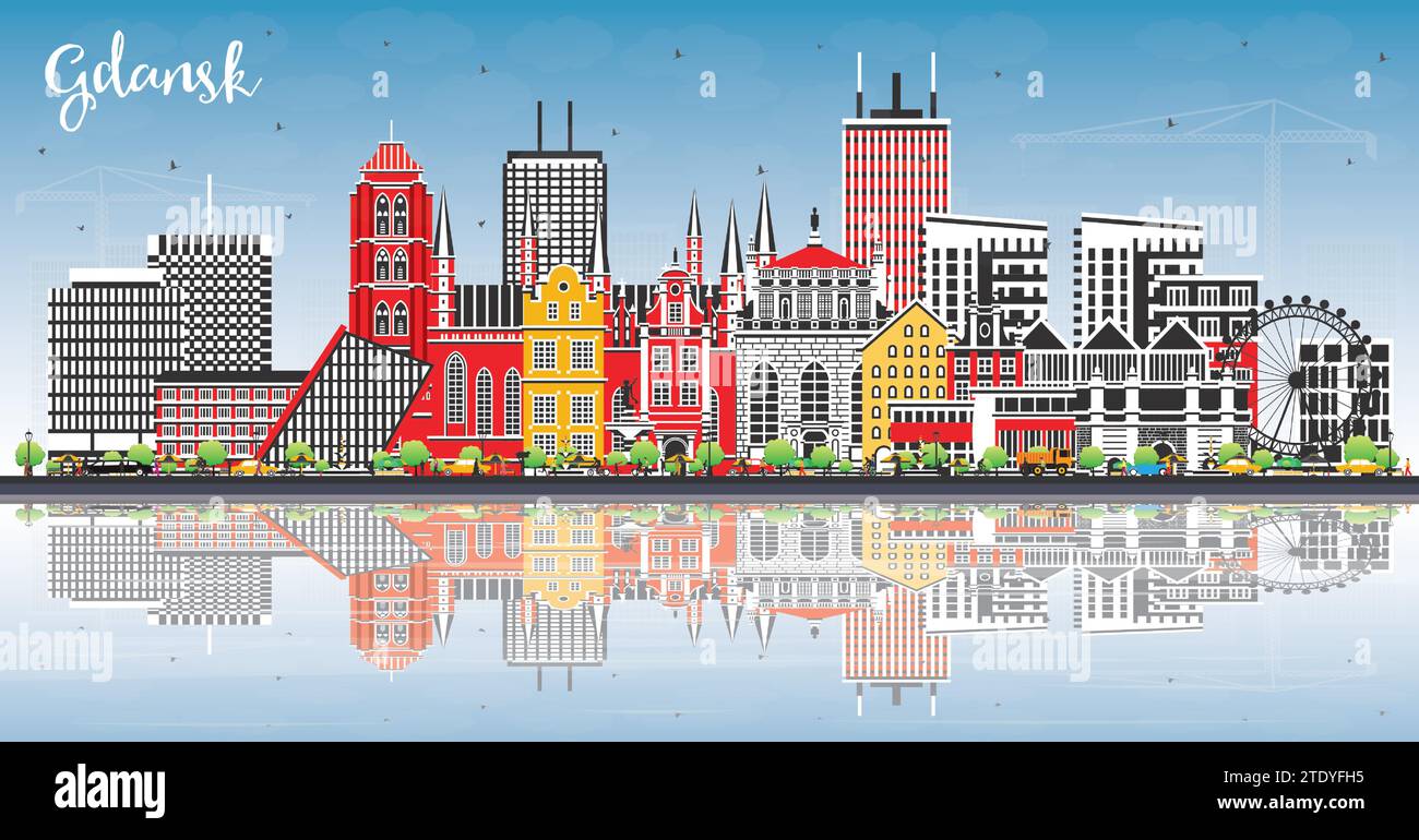Gdansk Poland city skyline with color buildings, blue sky and ...