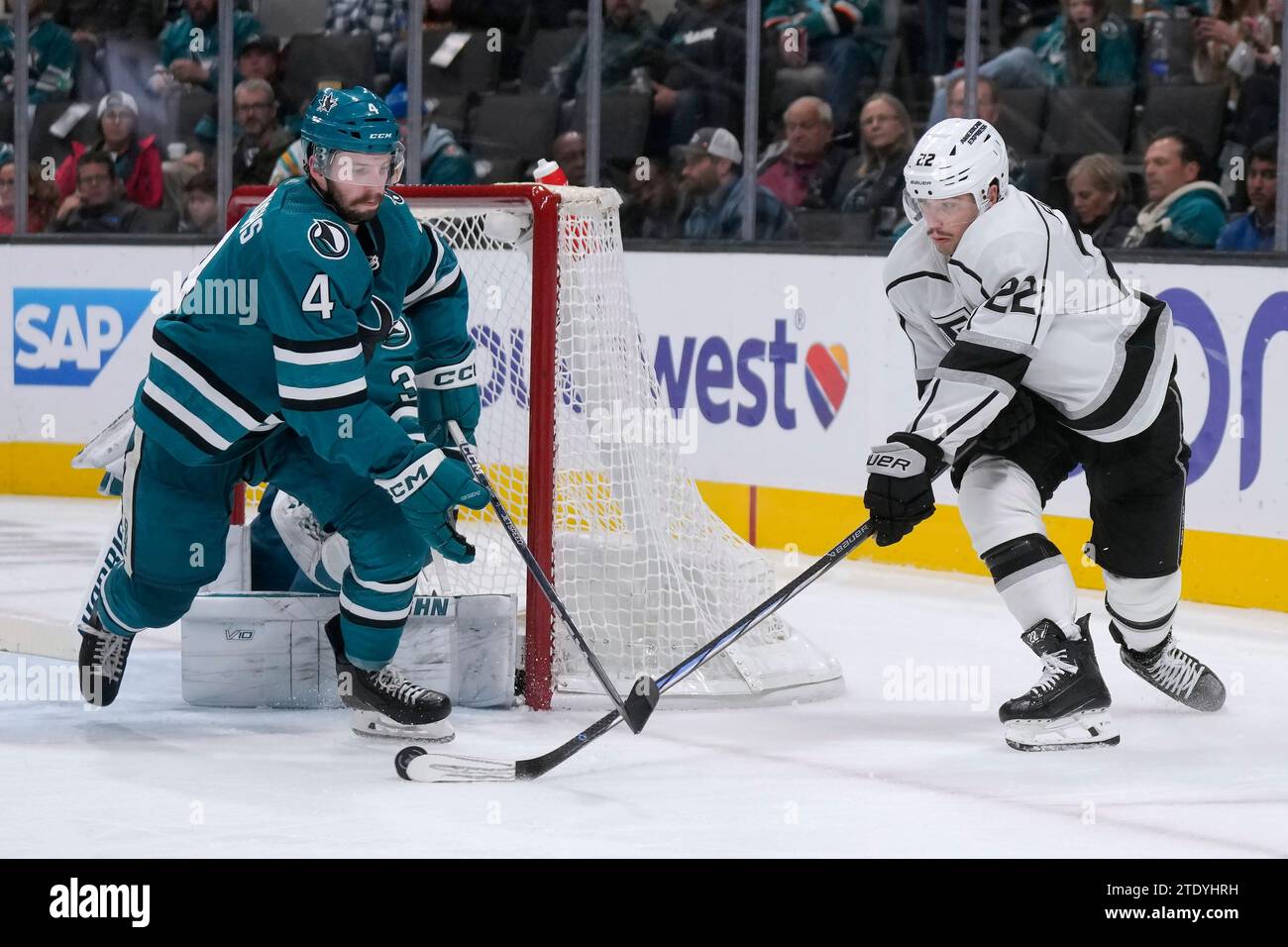 Los Angeles Kings left wing Kevin Fiala, right, shoots against San Jose ...