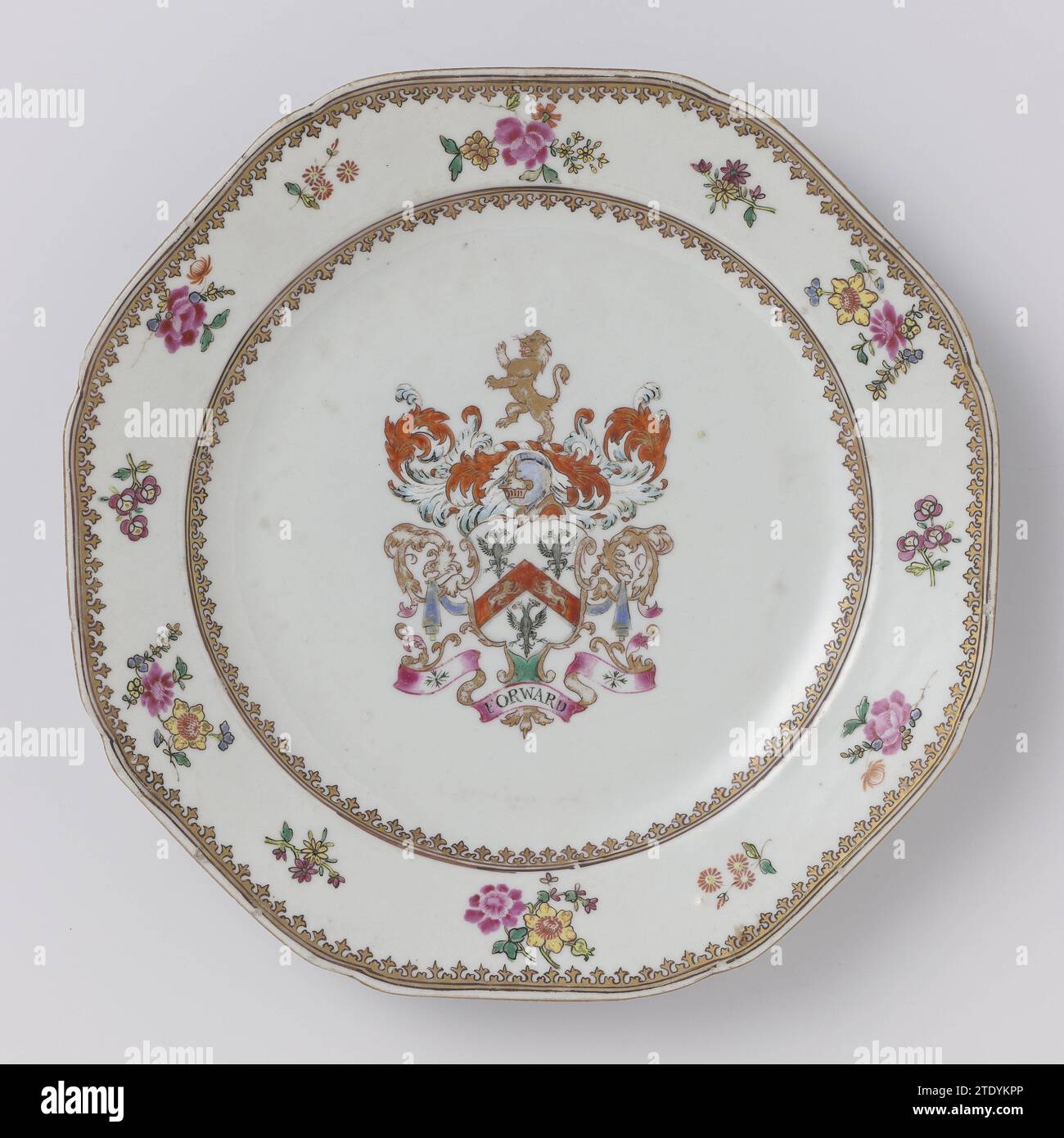 Octagonal plate with a coat of arms and scattered flowers, anonymous, c ...