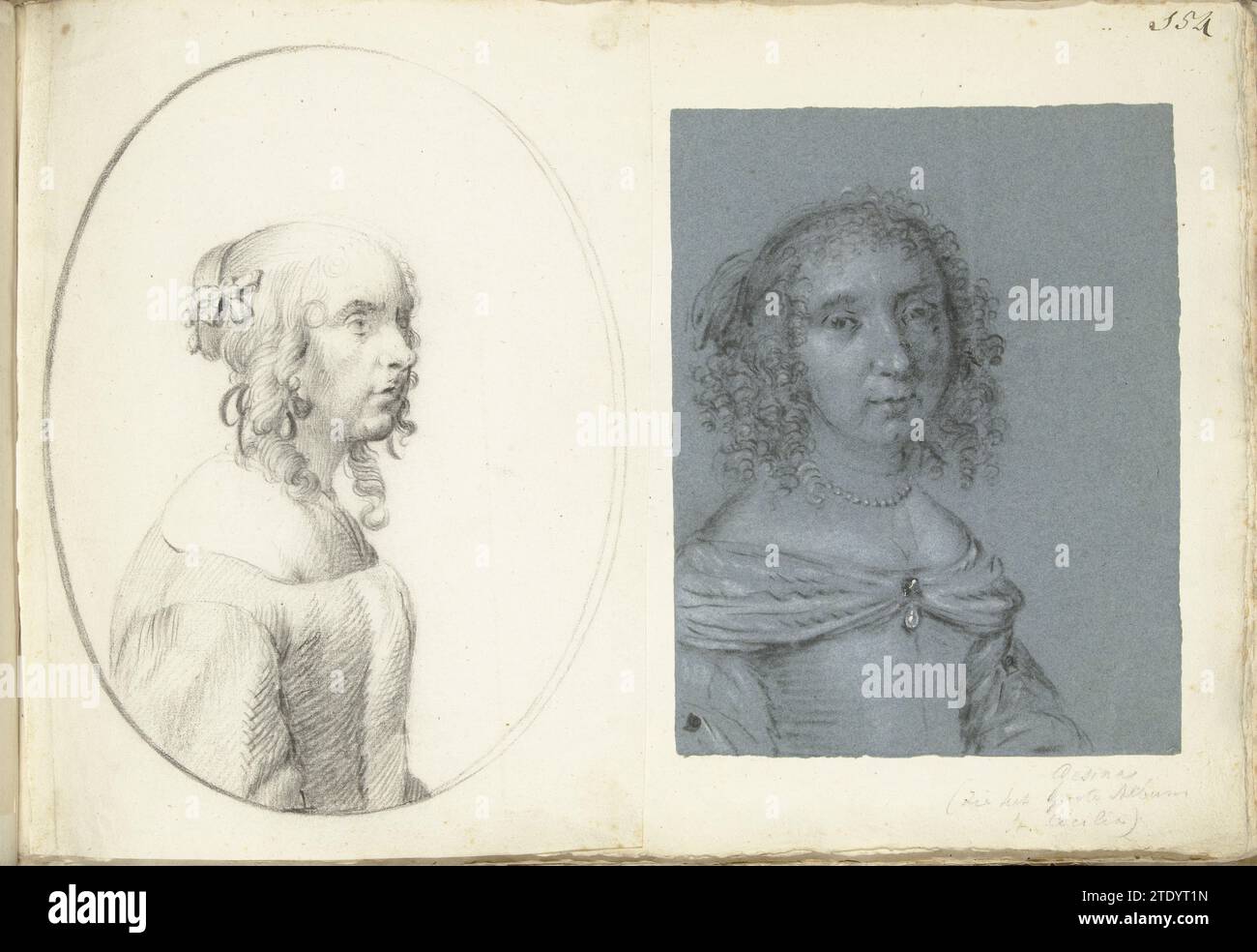 Two portraits of women, 1643 - 1690 Two drawings together stuck on a ...