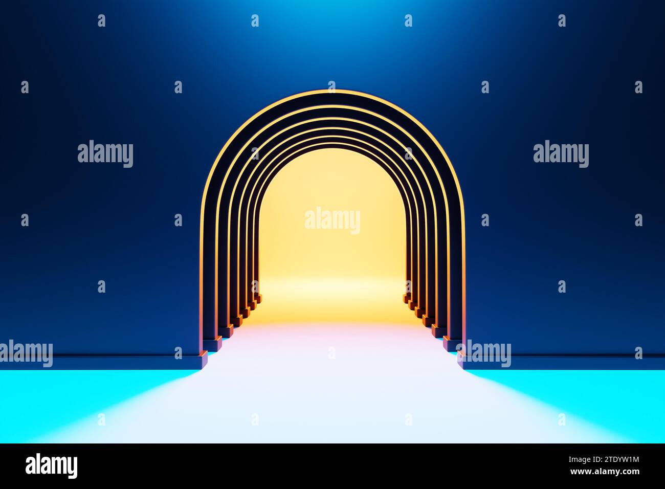 3d illustration of a round arch at the back on a blue background. A ...