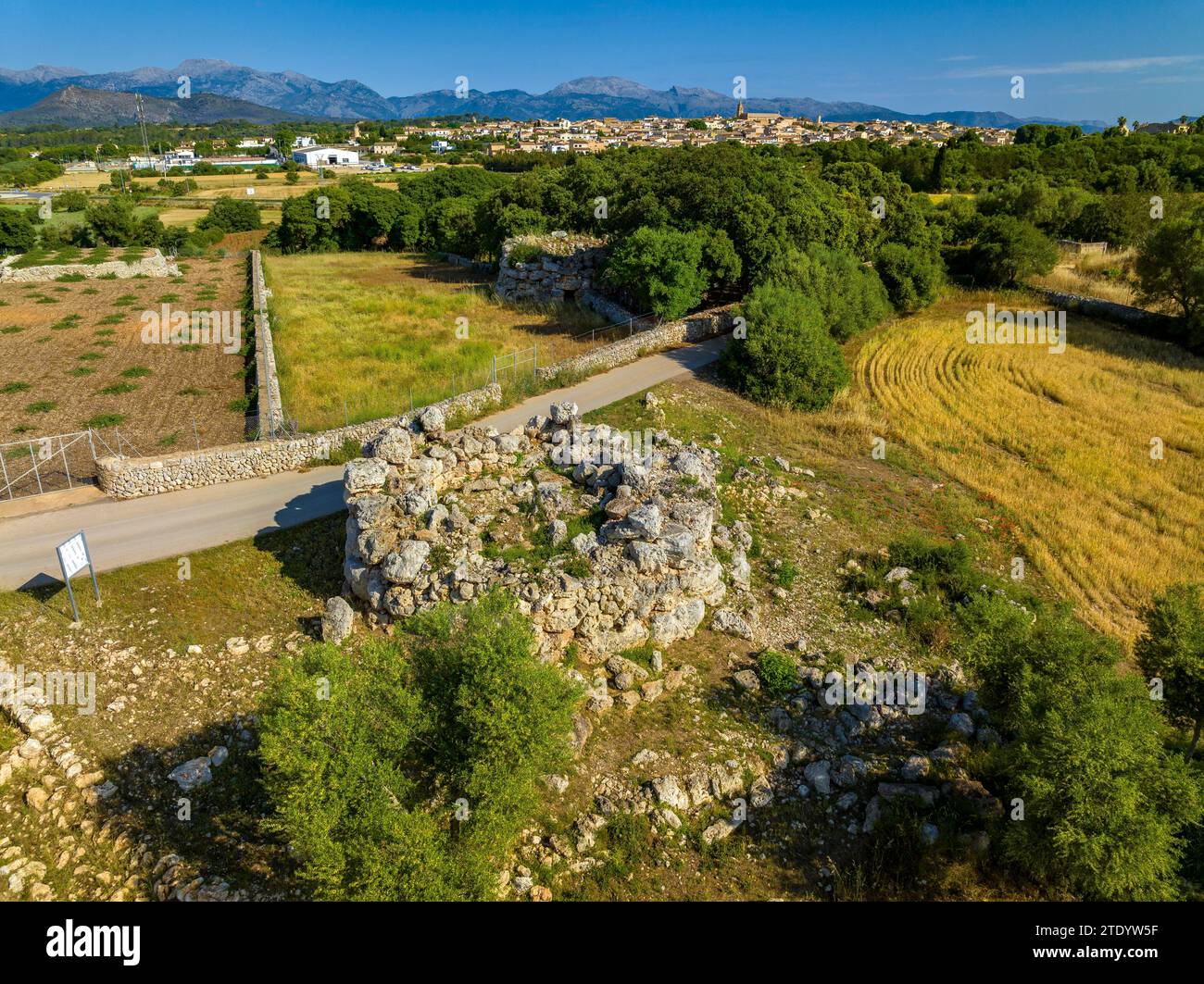 Aerial view of the Talaiot des Racons, in Llubí (Mallorca, Balearic ...