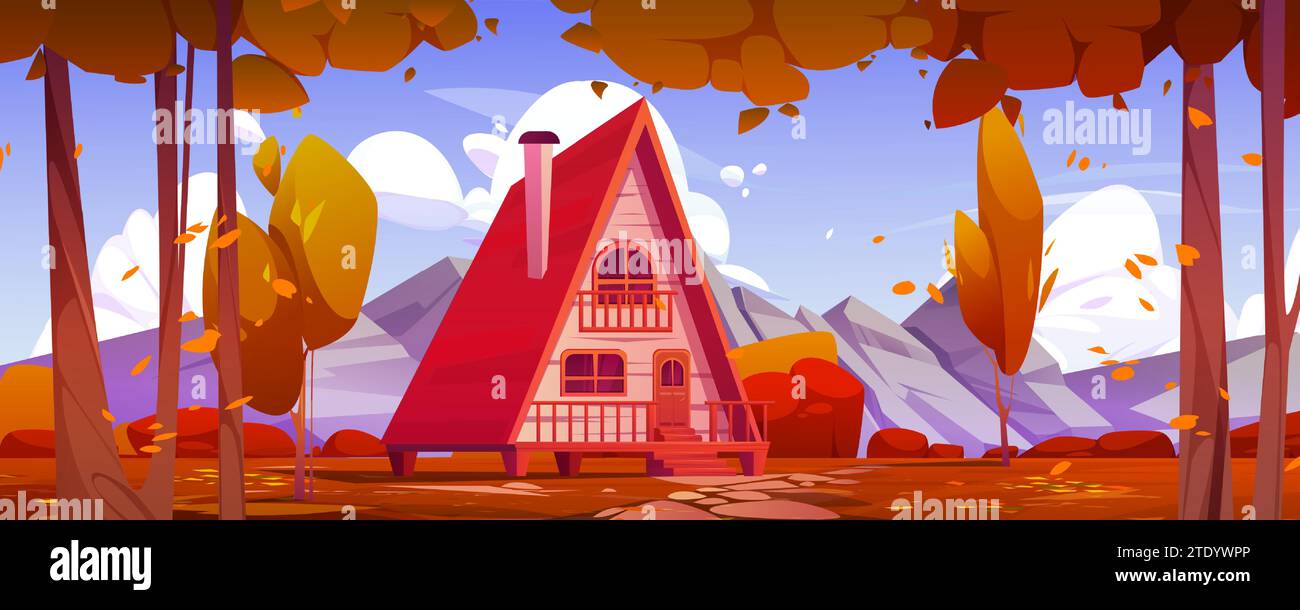Cozy chalet in autumn mountain valley. Vector cartoon illustration of ...