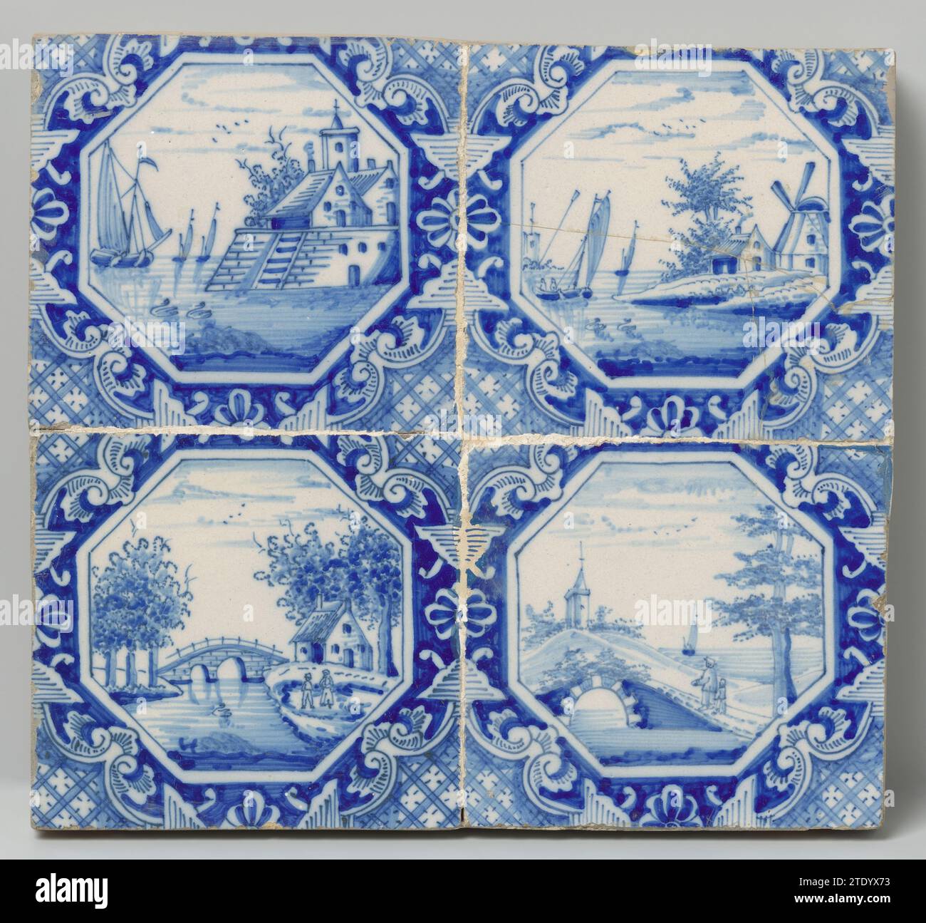 Field of four tiles with a performance of a water landscape, c. 1850 ...