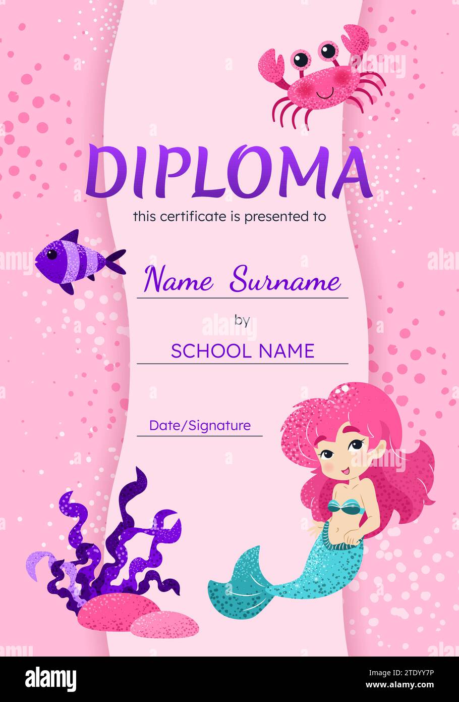 Diploma certificate template with cute mermaid for kids Stock Vector ...