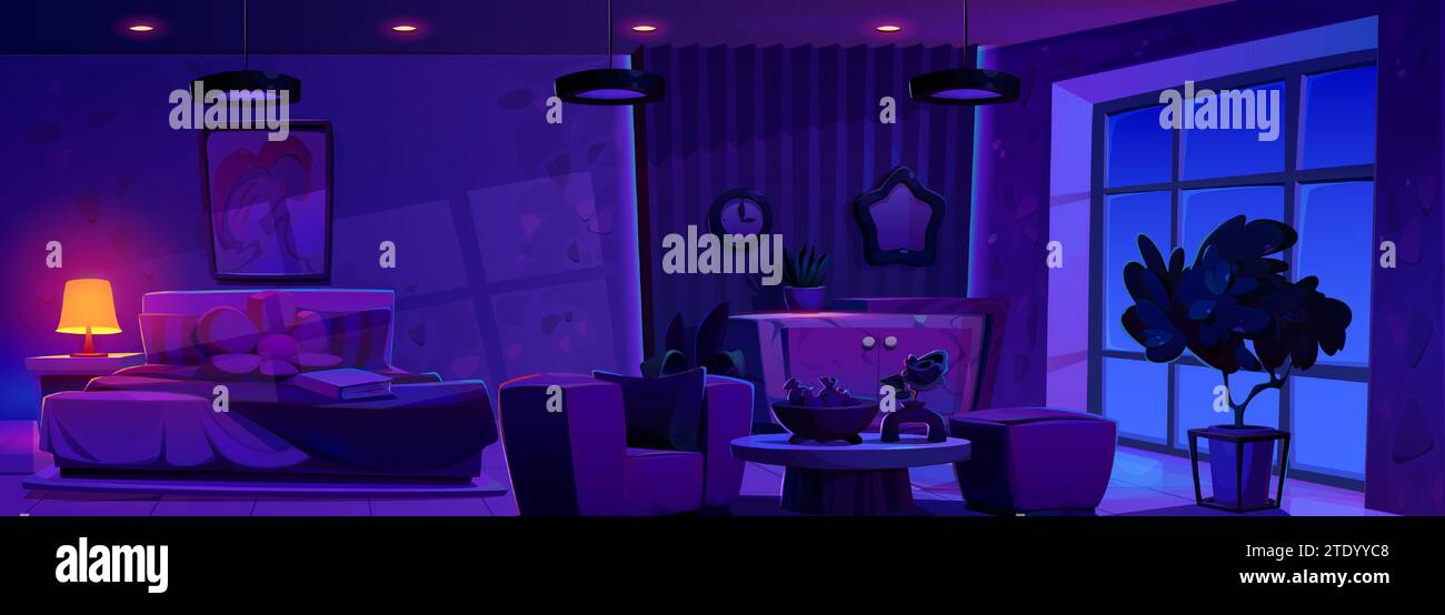 Bedroom interior at night with bed and lamp on nightstand, large window ...