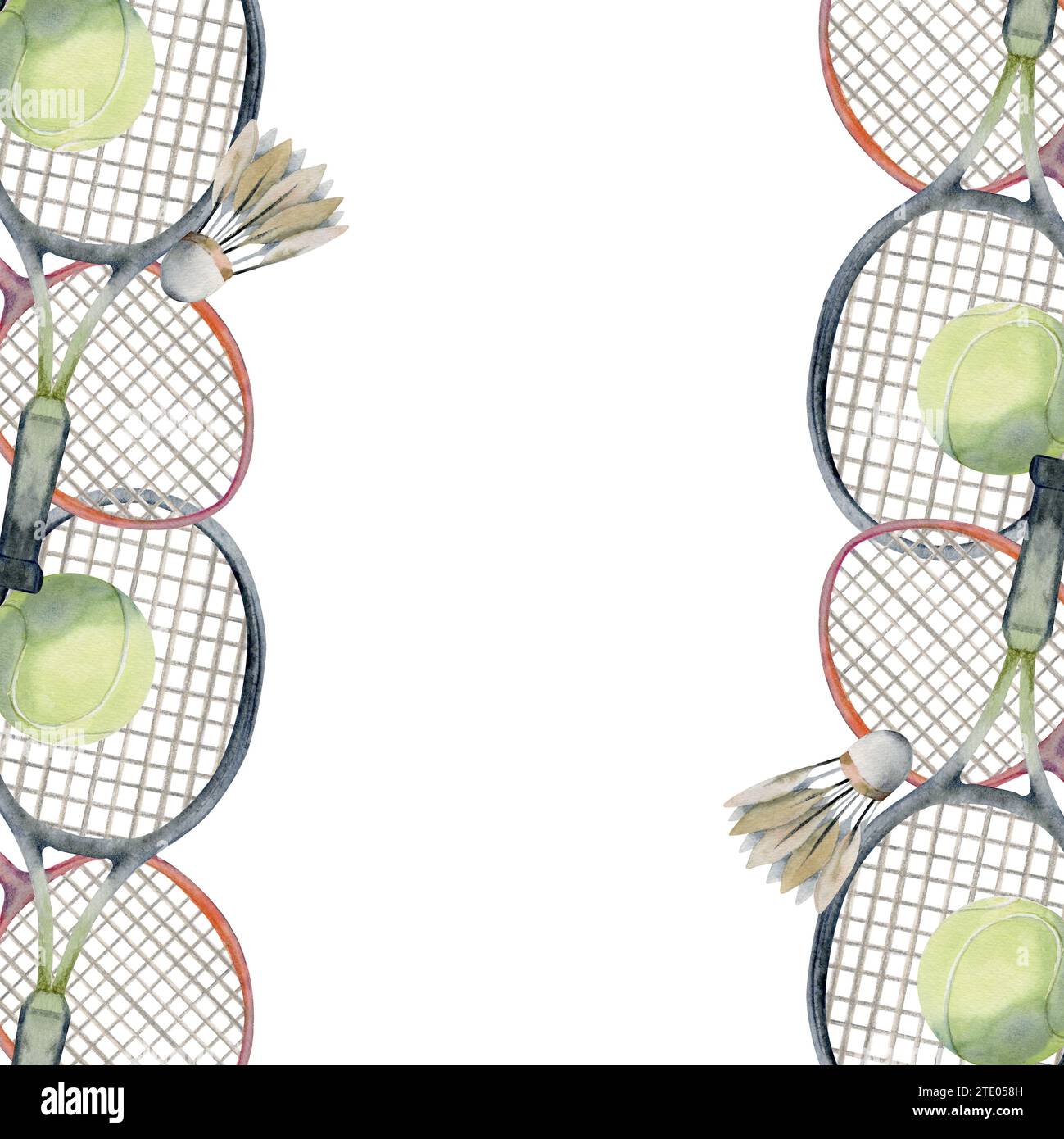 Hand drawn watercolor sports gear equipment, tennis badminton ball ...