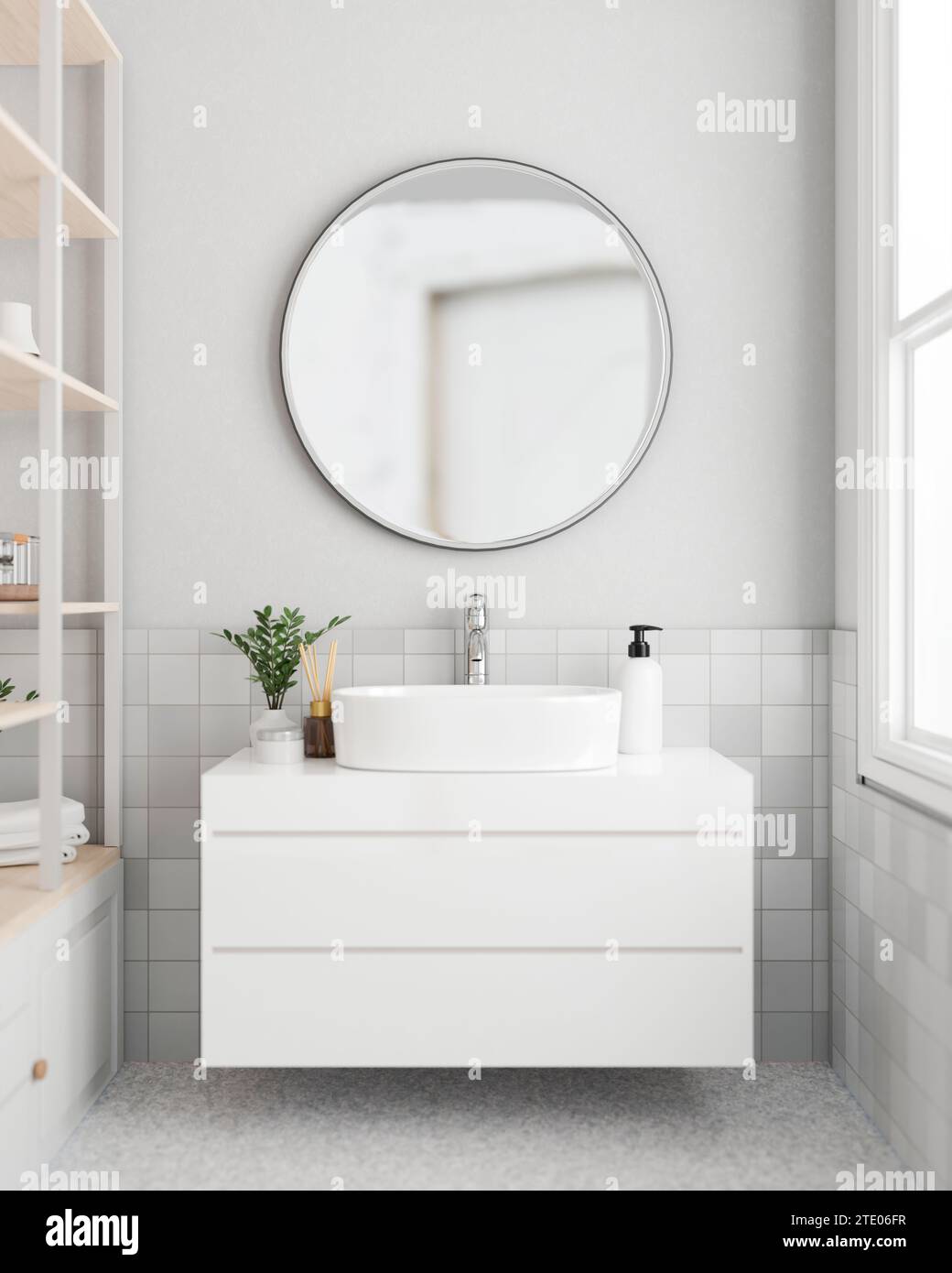 Front view of a modern white bathroom with a circle mirror on the white ...
