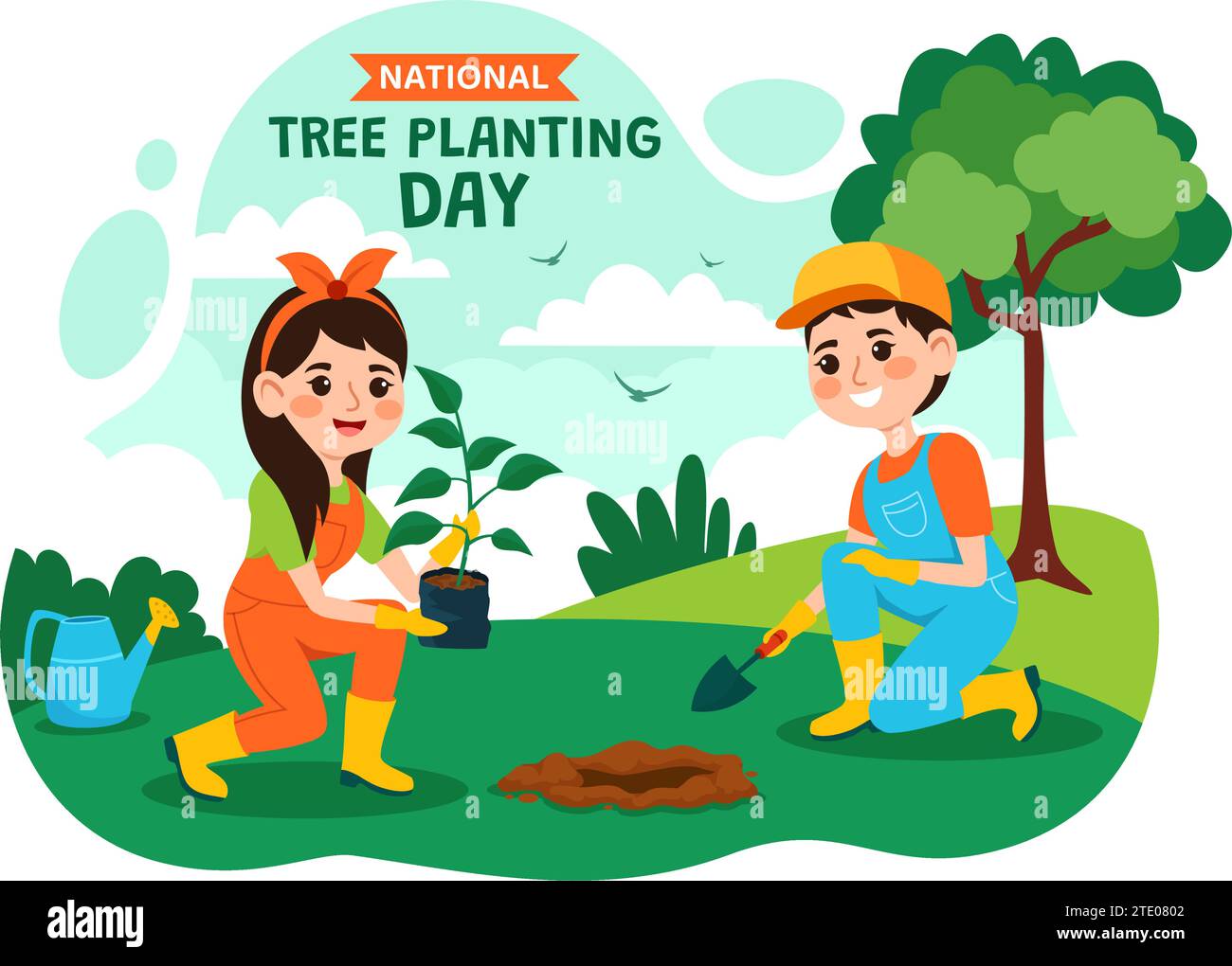 National Tree Planting Day Vector Illustration with Kids Plant Seedling ...