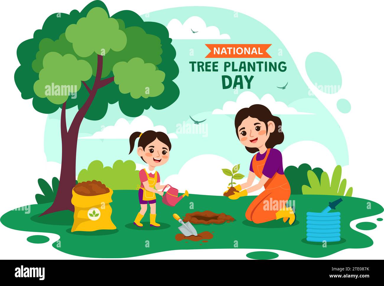 National Tree Planting Day Vector Illustration with Kids Plant Seedling ...