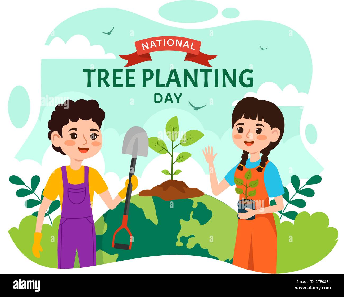 National Tree Planting Day Vector Illustration with Kids Plant Seedling ...