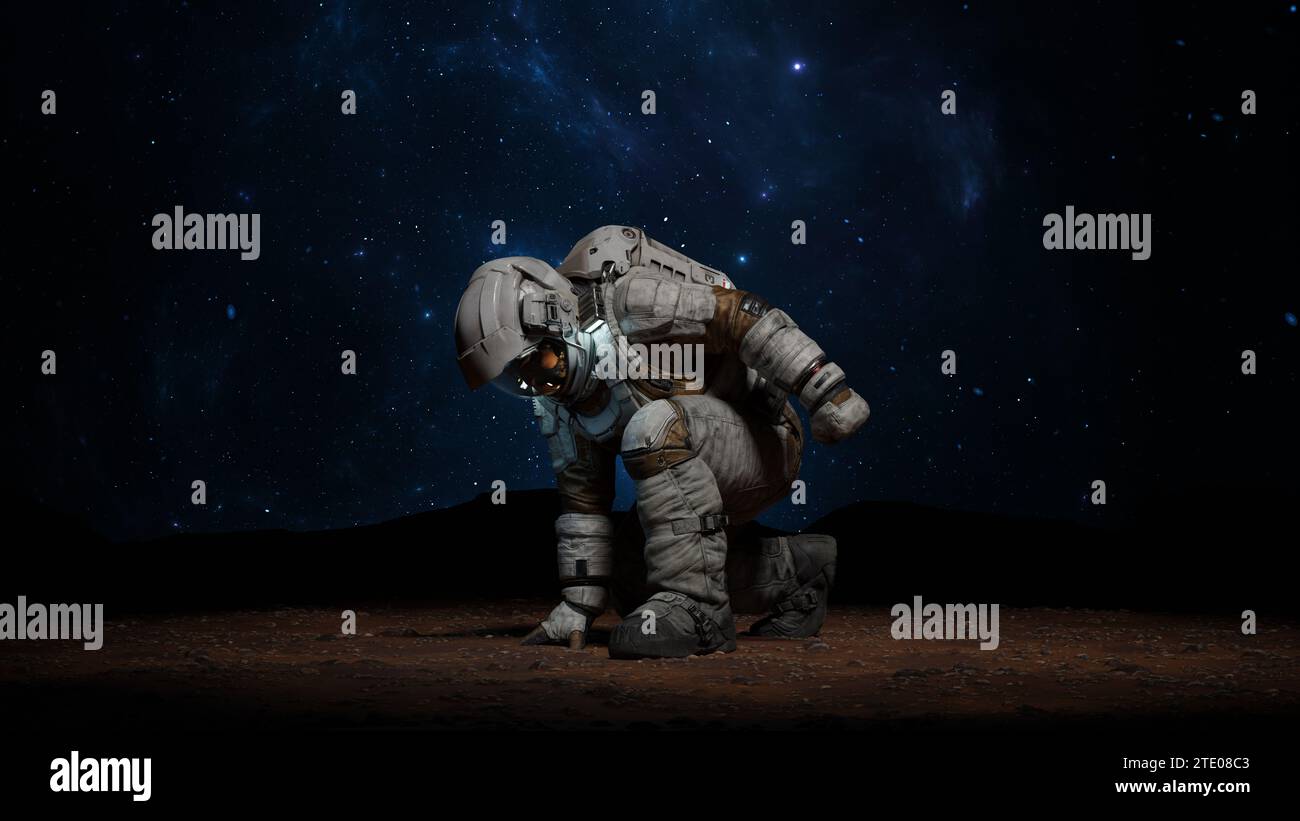 Astronaut touches ground with his hand on planet. Red planet Mars ...