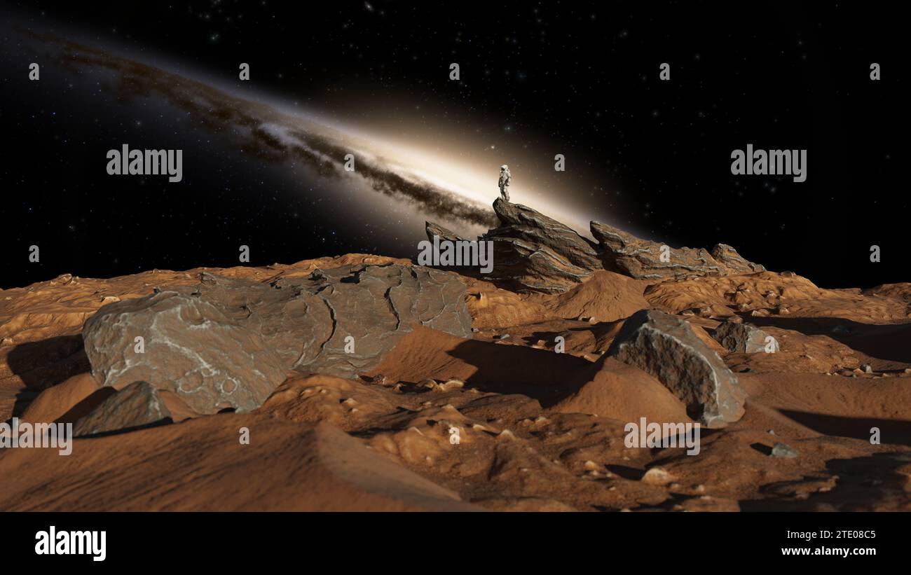 Astronaut on alien planet, red planet Mars. Space exploration, Martian ...