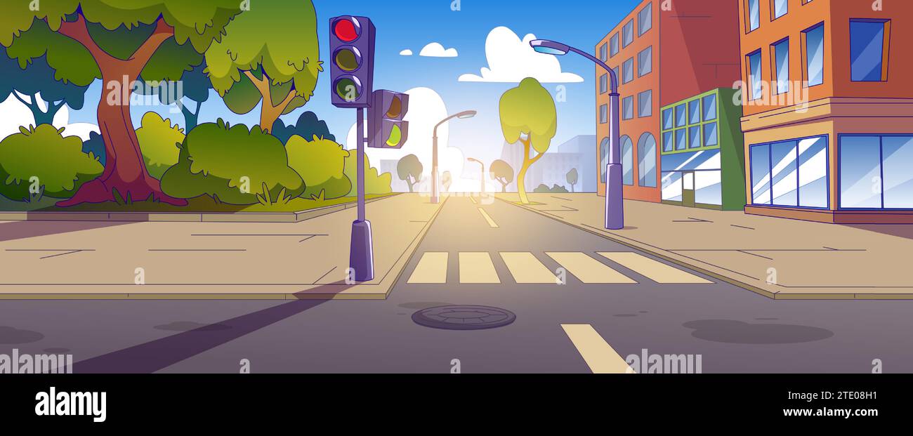 City street intersection with sidewalk, traffic lights and zebra cross ...