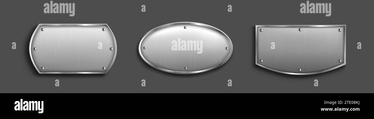 Set of steel tags with blank metal surface isolated on black background ...