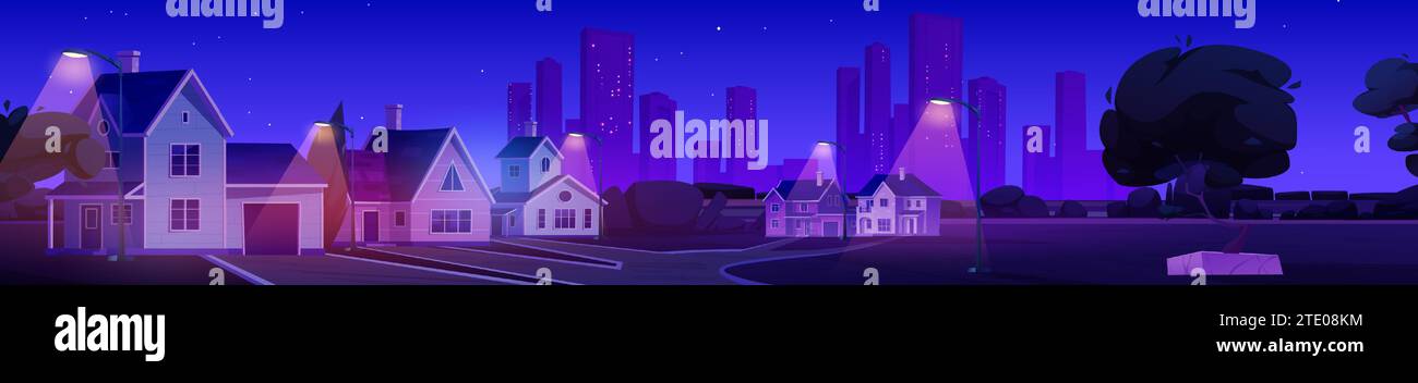 Night town street against big city background. Vector cartoon ...