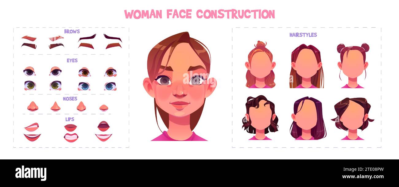 Woman face construction kit with cartoon facial parts for creation ...