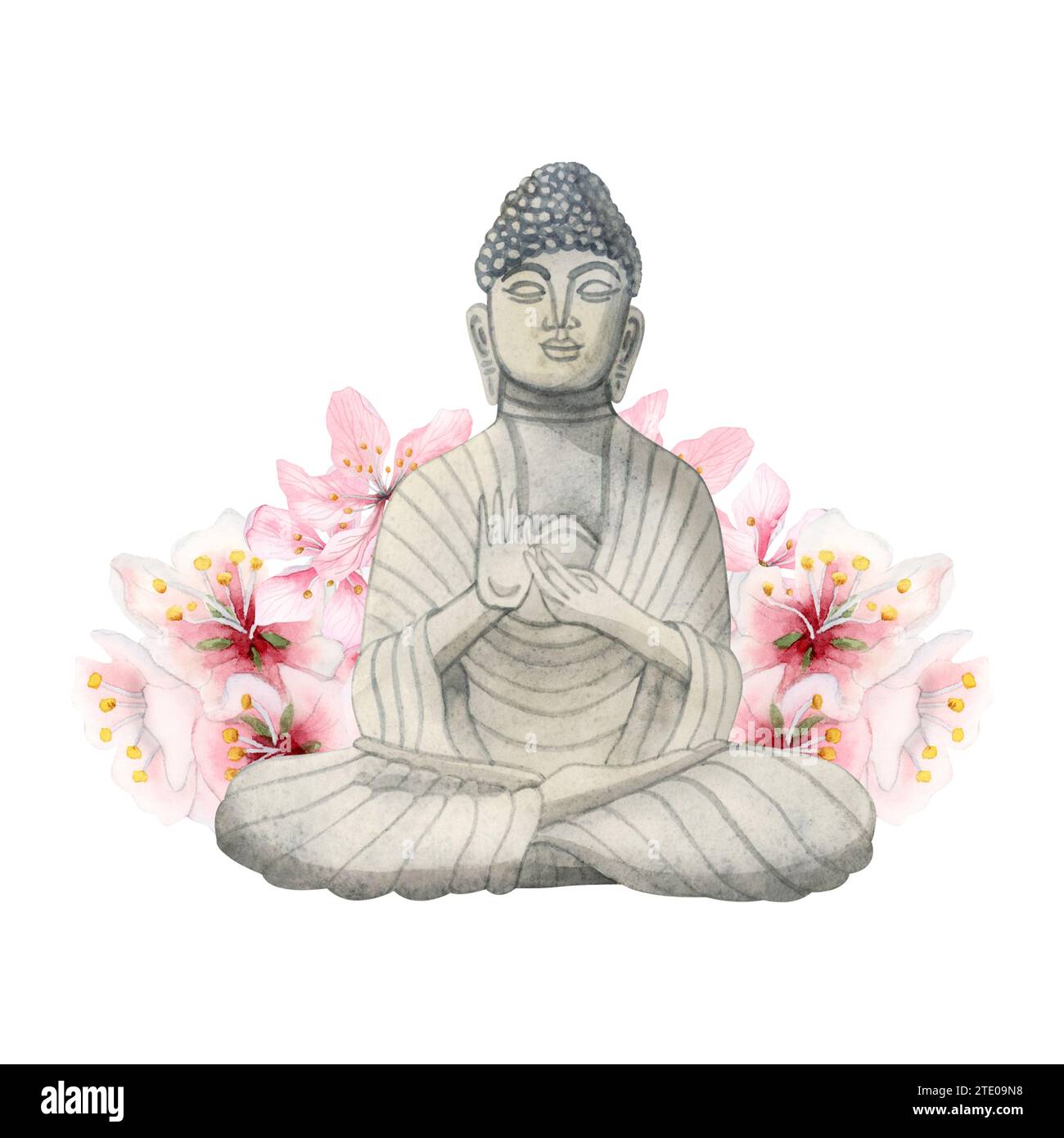Buddha stone figurine with pink spring sakura flowers watercolor ...