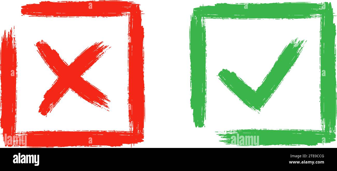 Two dirty grunge cross x and tick OK check marks in check boxes, hand ...