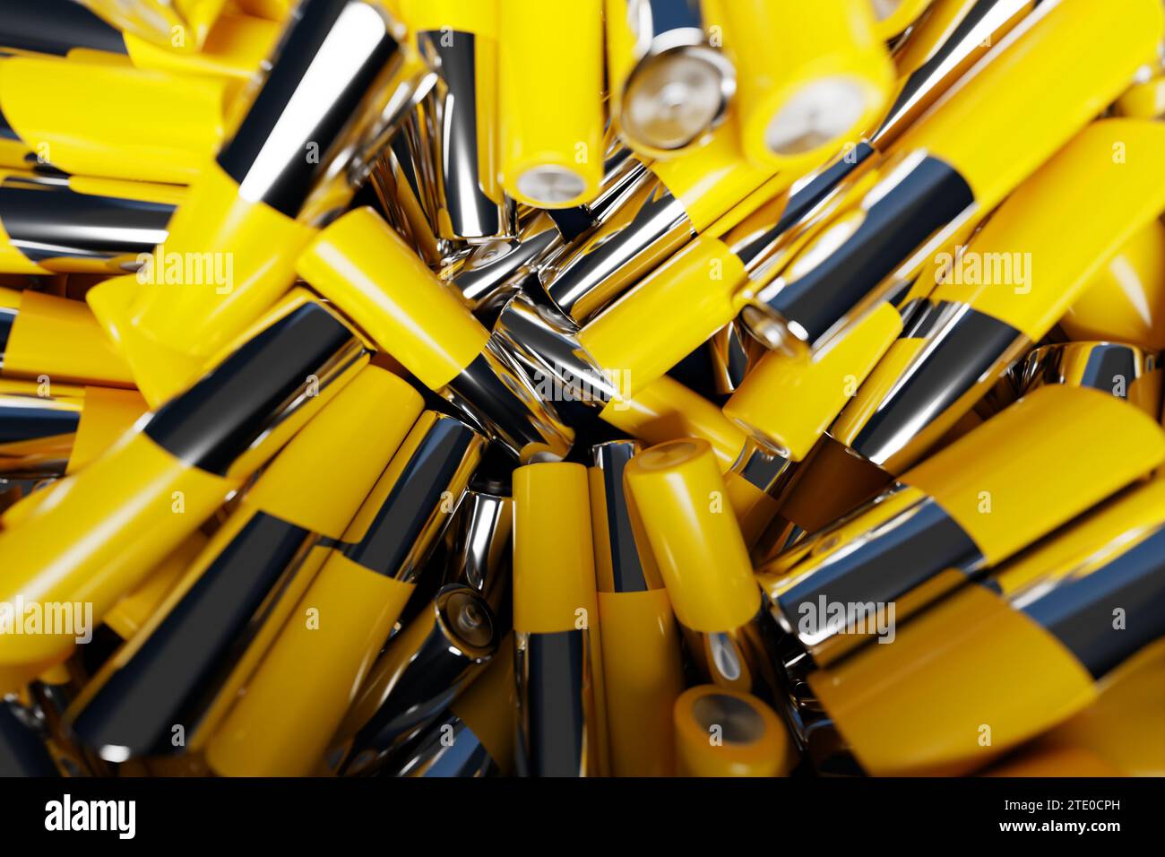 3D illustration of a close-up of yellow batteries on a dark background ...