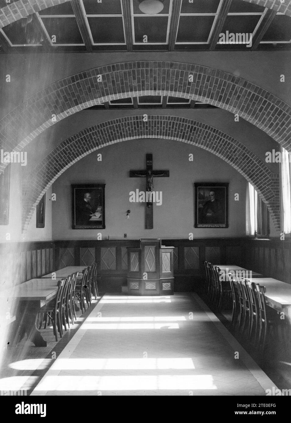 Interior of the monastery: refectory (dining room) with reading chairs ...