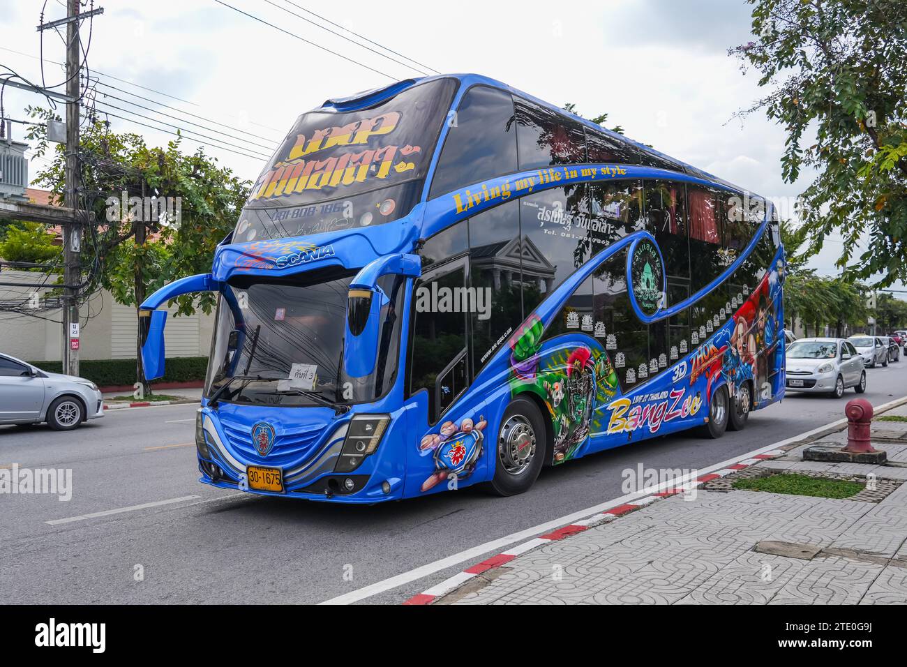 Tourist double-decker blue bus for transporting passengers while ...