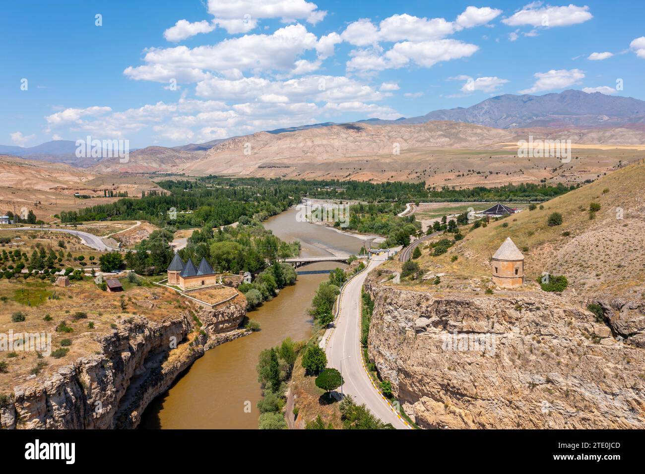 Kemah district city entrance. View of Sultan Melik Tomb and Karasu ...