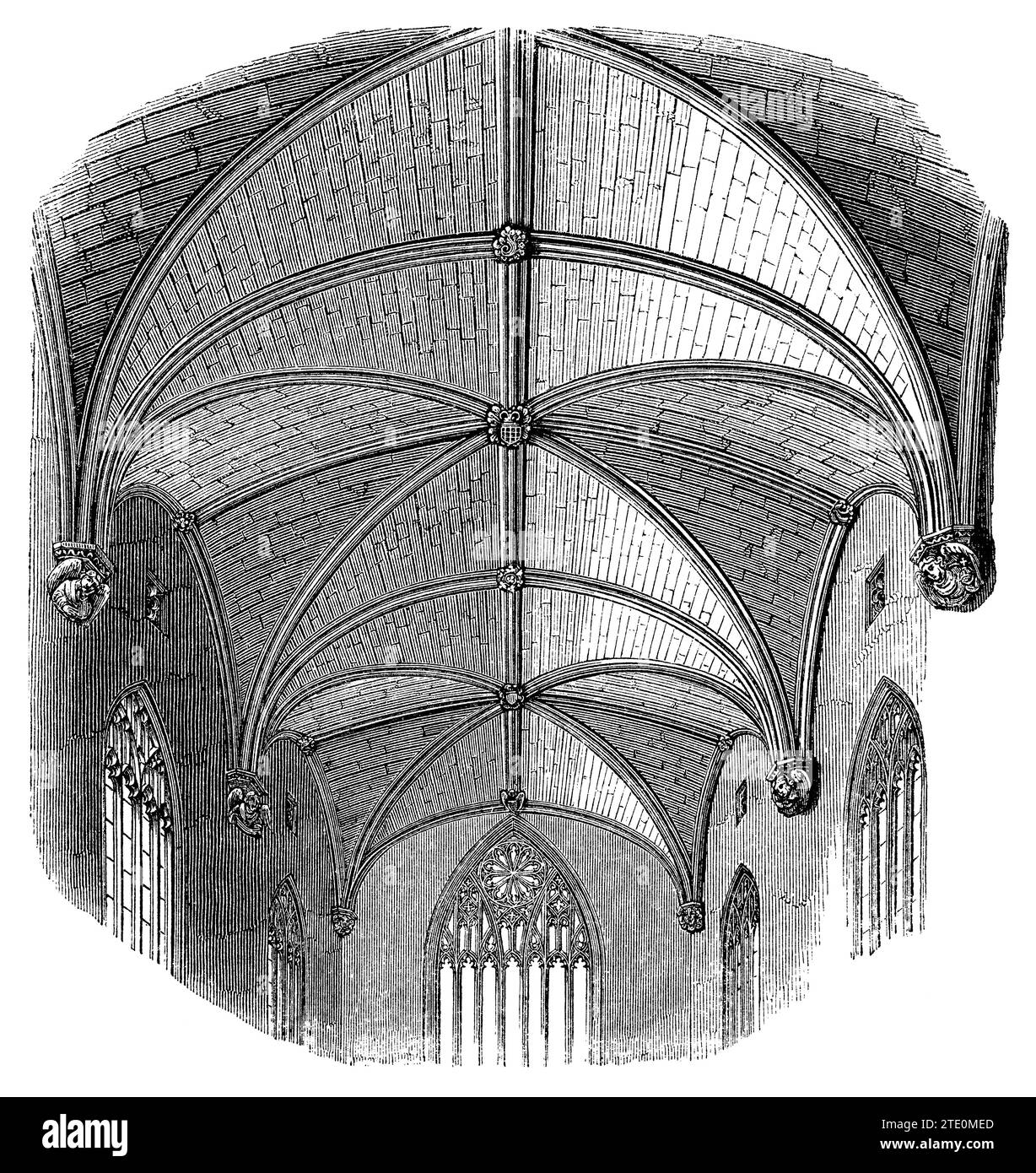 Vintage 1854 engraving of the ceiling of Lincoln's Inn Chapel in London ...