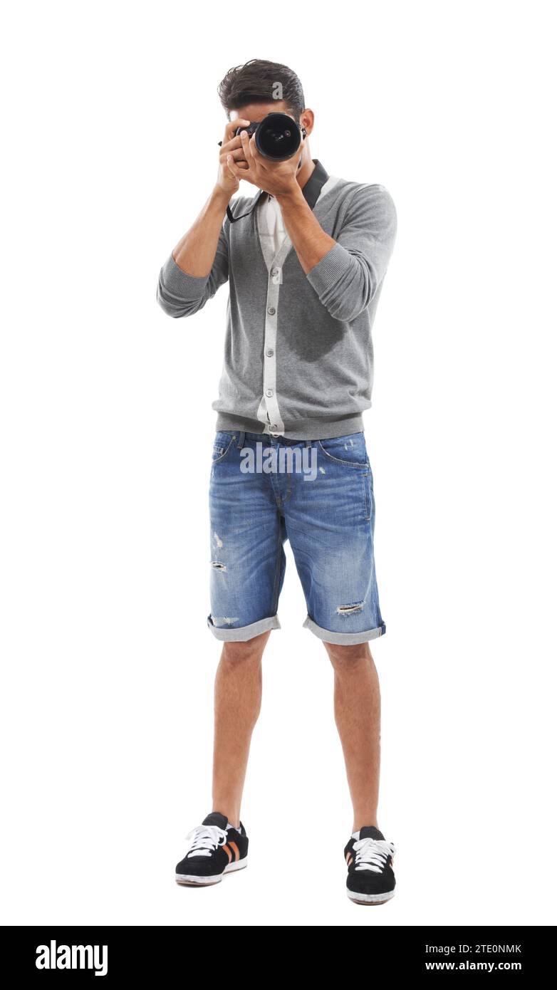 Photographer, man and camera in studio for creative photoshoot ...