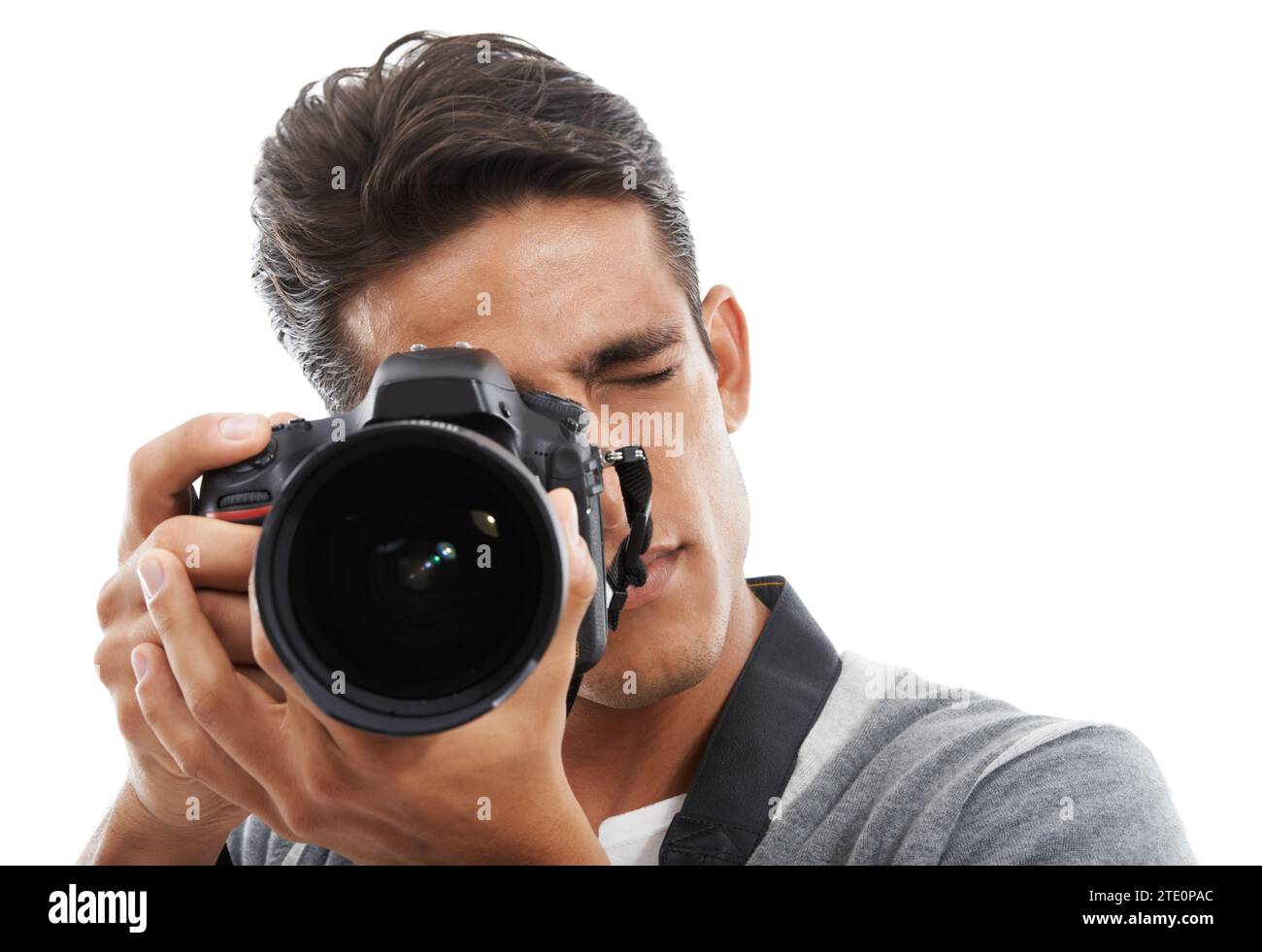 Photography, man or face with digital camera in studio for photoshoot ...