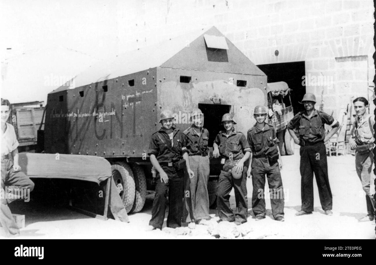 Mallorca, August 1936. Spanish Civil War. Old battle tank taken by the ...
