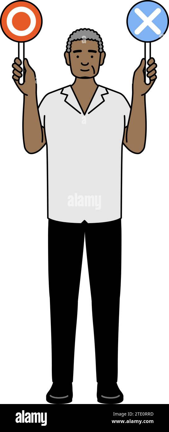 African senior man holding a placard indicating correct and incorrect ...