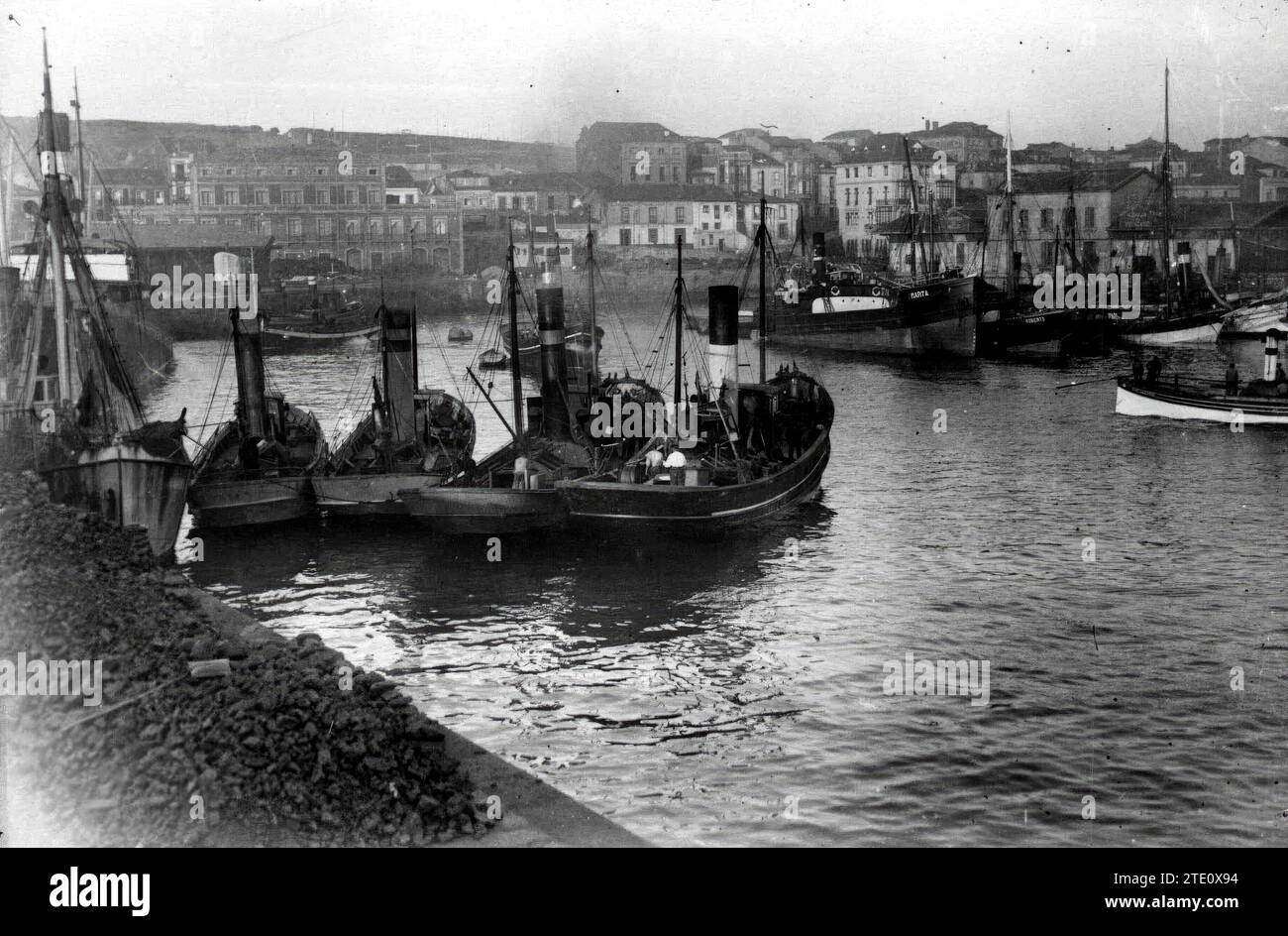 Gijon. 1931. Pairs of boats ready for fishing on the eastern pier of ...