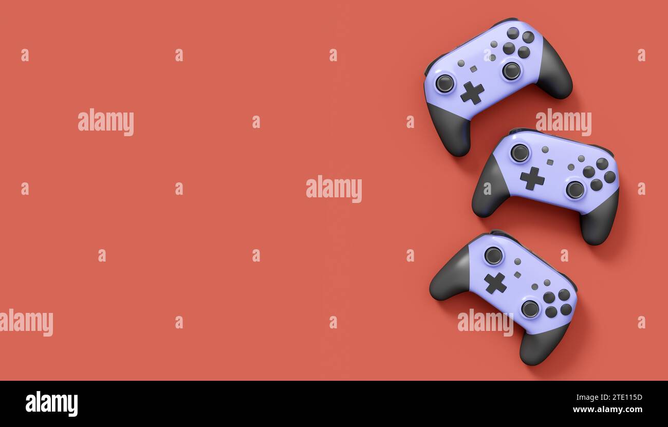 Realistic grey video game joysticks or gamepads on red background. 3D ...