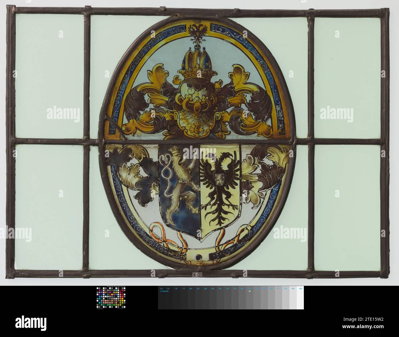 Window with coat of arms with climbing lion and two -headed bird ...