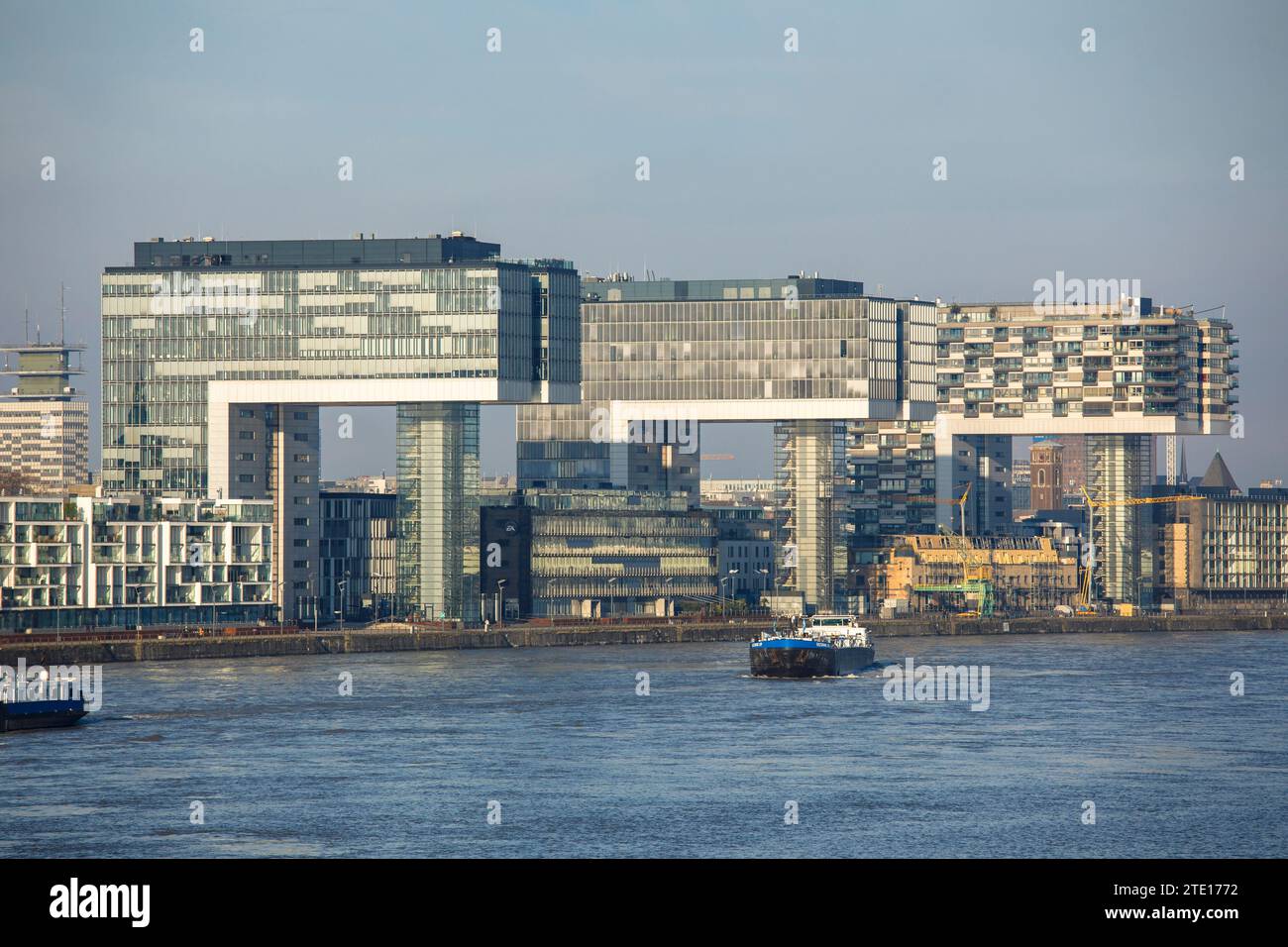 view over the Rhine to the Kranhaeuser (Crane Houses) in the Rheinau ...