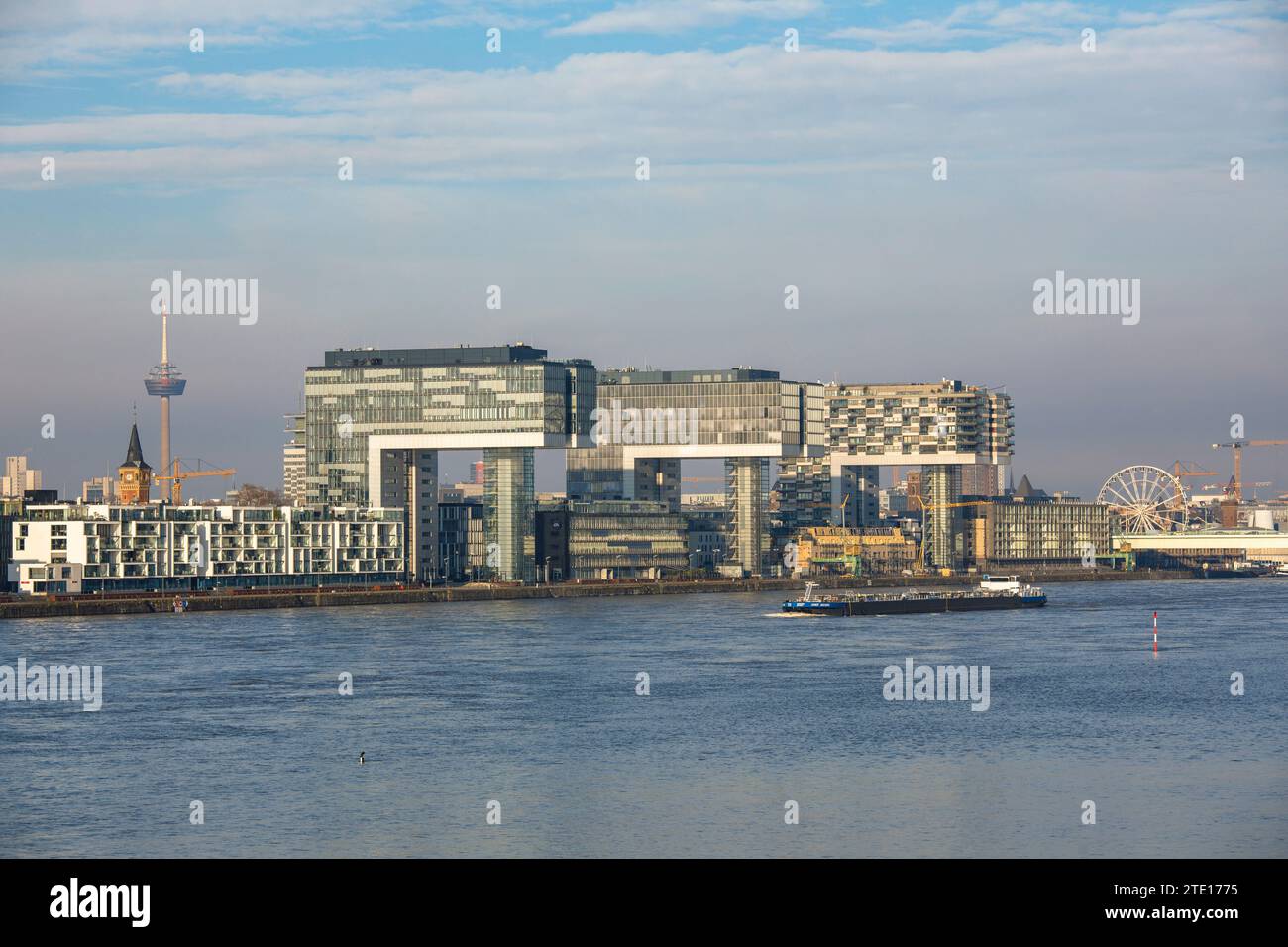 view over the Rhine to the Kranhaeuser (Crane Houses) in the Rheinau ...