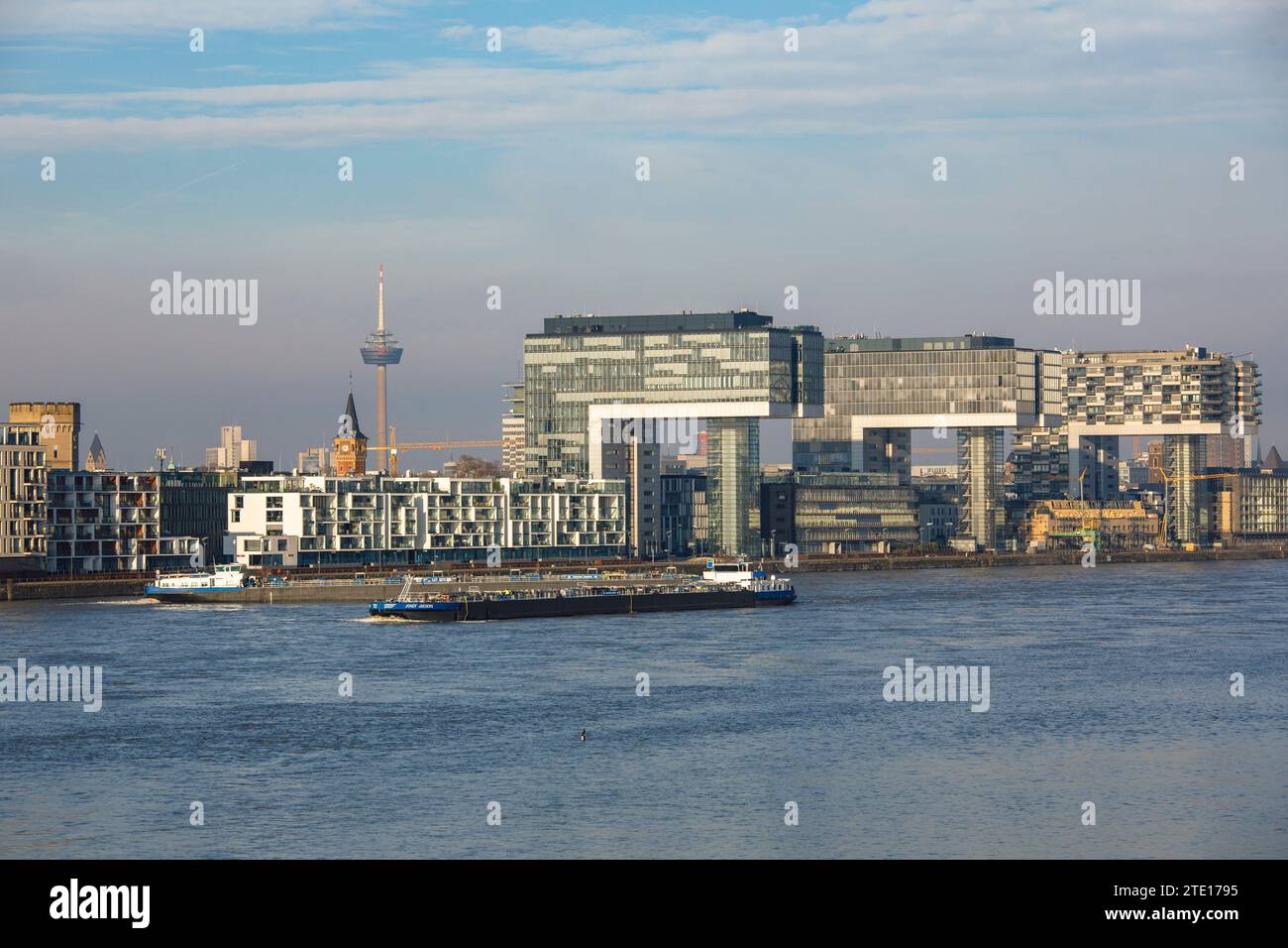 view over the Rhine to the Kranhaeuser (Crane Houses) in the Rheinau ...