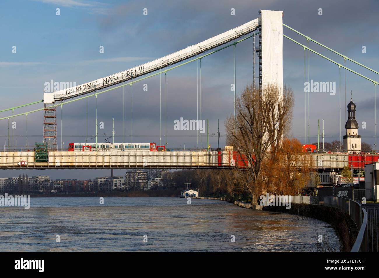 the Muelheim bridge over the Rhine, scaffolded for renovation work ...