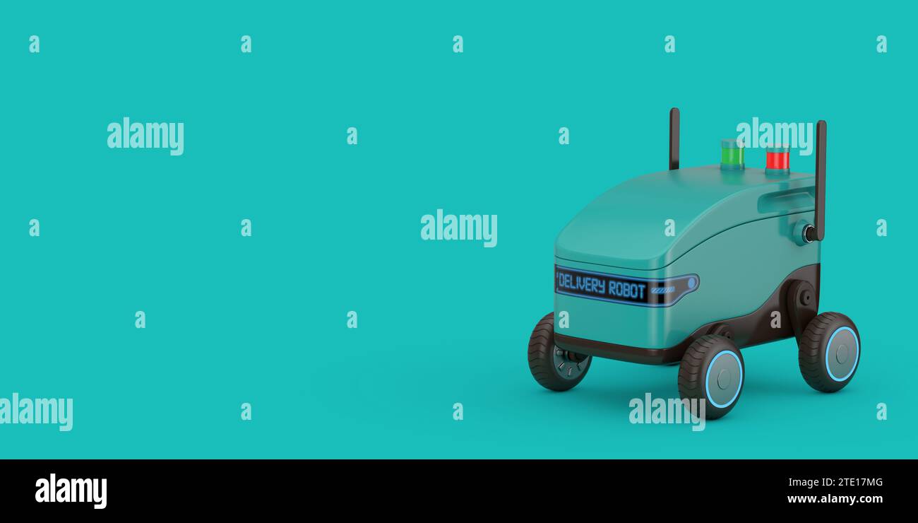 Artificial Intelligence Service Delivery Robot Drone on a green ...