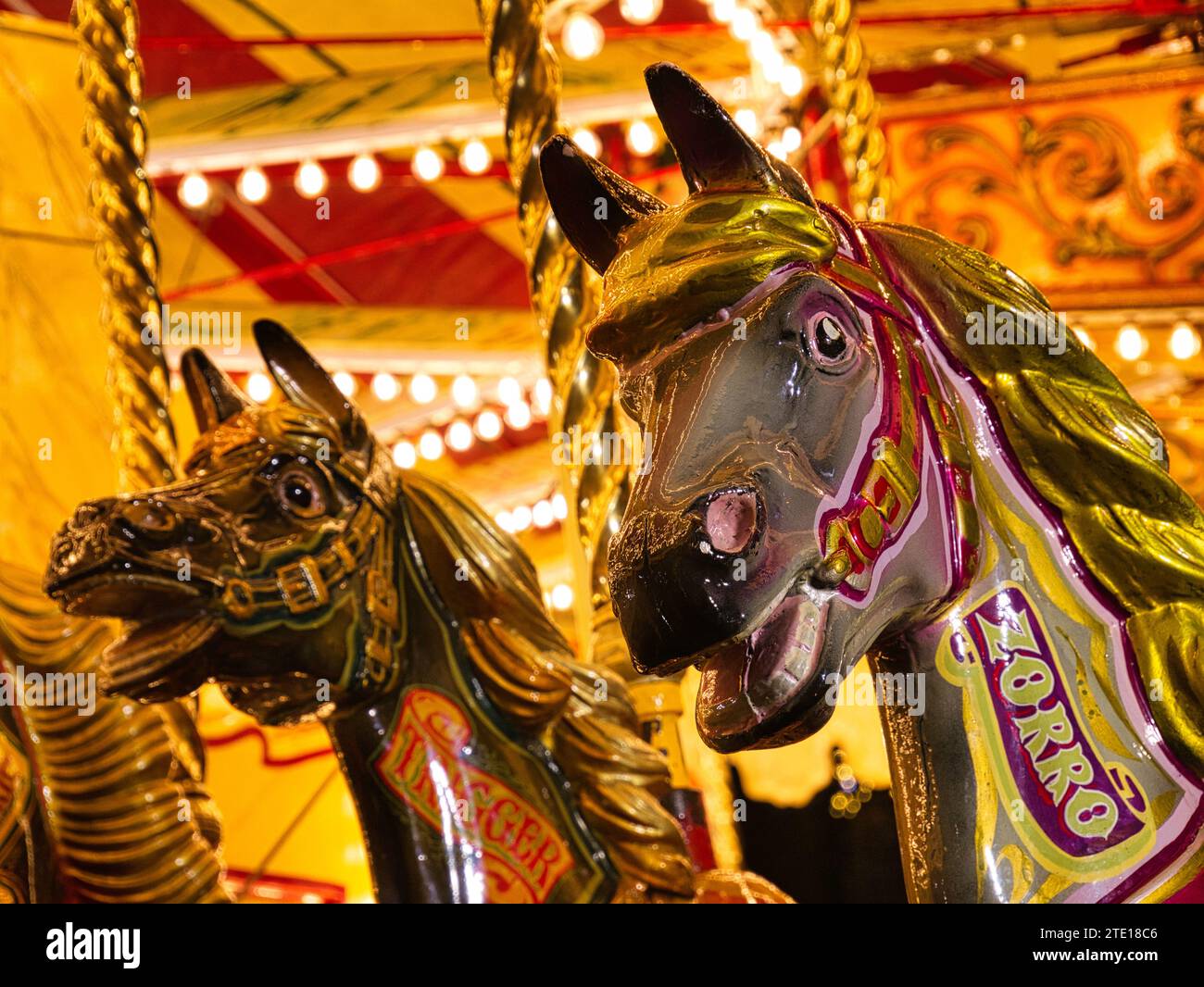 York, UK - Nov 23 2023: A closeup of a horse on a traditional merry-go ...