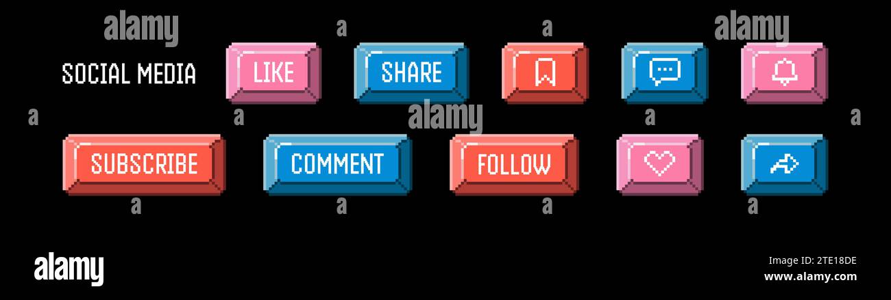 Pixel art buttons pack. 8 bit elements are suitable for social networks ...