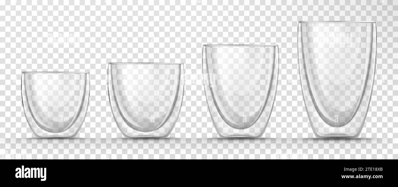 Vector realistic set of glass empty cups different sizes on transparent ...