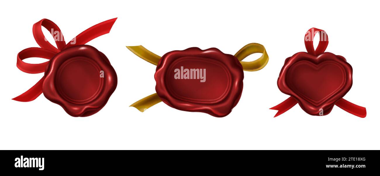 Wax stamps different geometric shapes with red, golden ribbon. Vintage ...