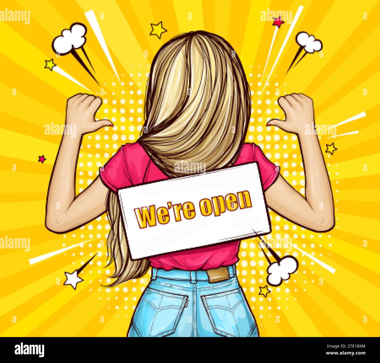 Pop art vector illustration of blonde girl standing backwards with ...