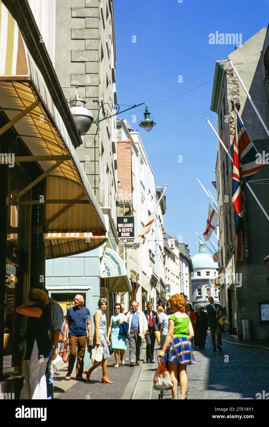 Shopping street in town of St Peter Port, Guernsey, Channel Island ...