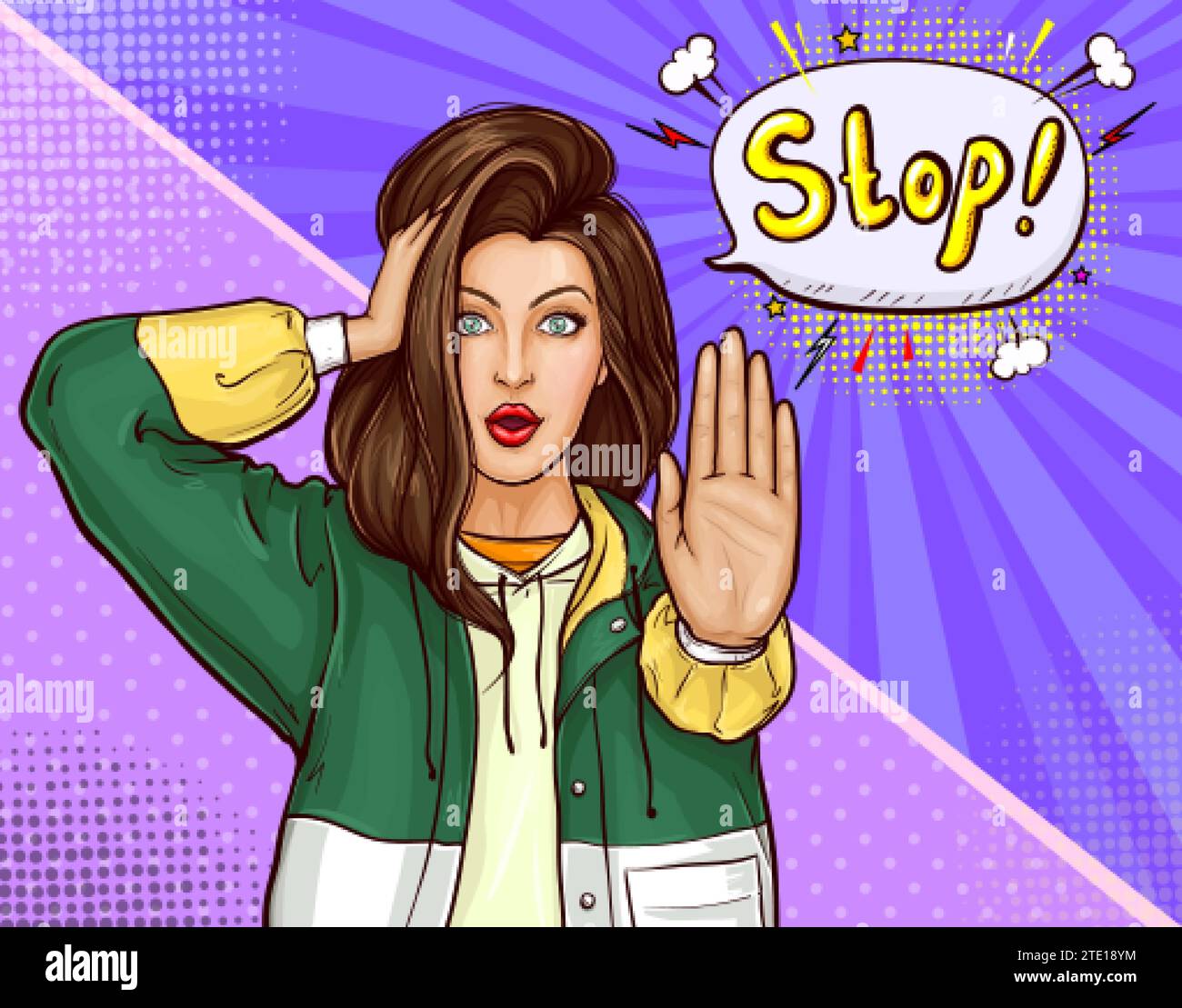Pop art brunette surprised girl in jacket with wide open eyes and ...