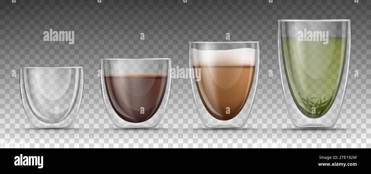 Empty, full glasses with double walls of different sizes on transparent ...