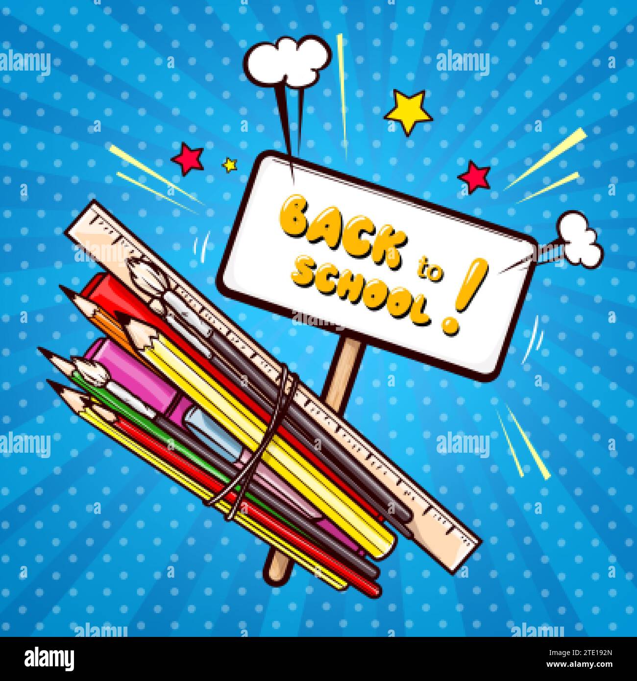 Colorful school supplies, education items and banner on wooden stick ...